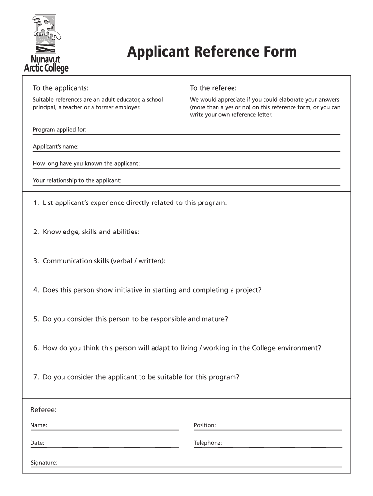 Nunavut Arctic College Applicant Reference Form Fill And Sign