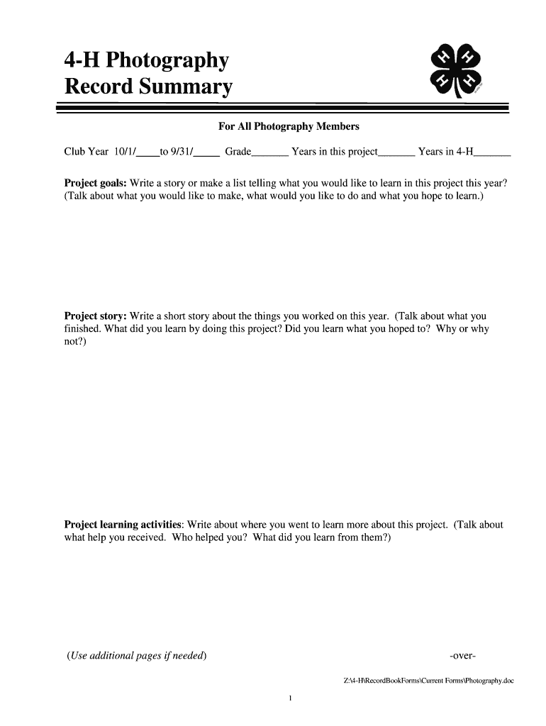 Fillable Online grant uwex 4-H Photography Record Summary - Grant ...