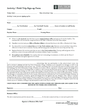 Fillable Online Activity Field Trip Sign-up Form - Ivy Tech Community ...
