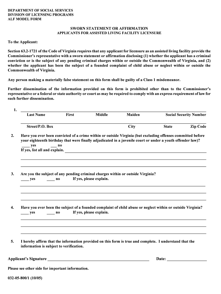 Fillable Online dss state va 032-05-800-1 1005 SWORN STATEMENT OR ...