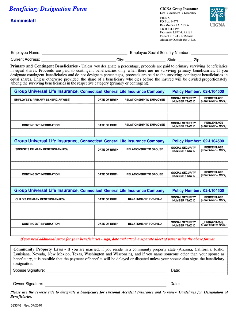 Fillable Online Adminstaff Voluntary Life Beneficiary Designation Fax ...