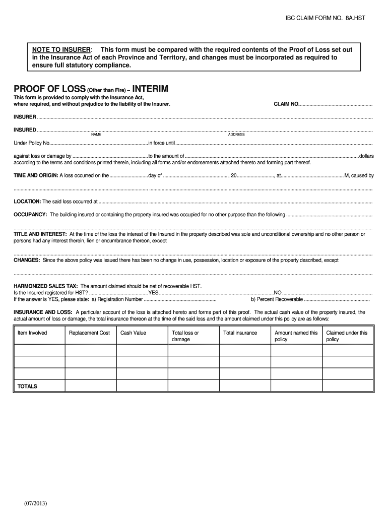 Fillable Online PROOF OF LOSS (Other than Fire) INTERIM IBC CLAIM FORM ...