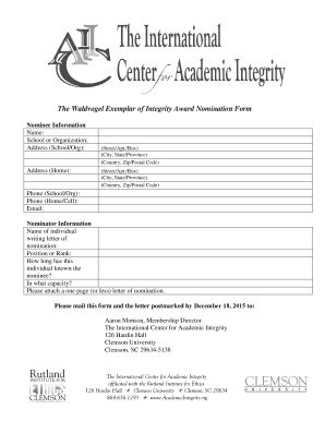 Fillable Online academicintegrity The Champion of Integrity Award ...