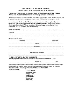 Fillable Online tfsr TOOLS FOR SELF RELIANCE - AGM 2011 NOMINATION FORM ...