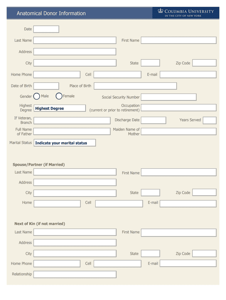 Fillable Online pathology columbia Anatomical Donor Information - Columbia Pathology Fax Email ...