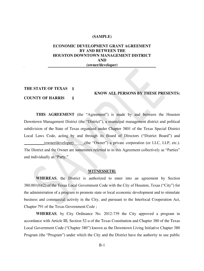 Fillable Online downtownhouston SAMPLE ECONOMIC DEVELOPMENT GRANT ...