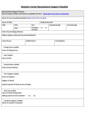 Fillable Online Newborn Center Bereavement Support Checklist Fax Email ...