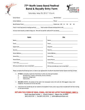 Fillable Online 77th North Iowa Band Festival Band Royalty Entry Form ...