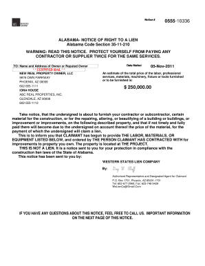Fillable Online ALABAMA NOTICE OF RIGHT TO A LIEN Fax Email Print ...