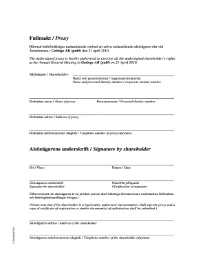 Fillable Online Fullmakt Proxy - Getinge Group Fax Email Print - pdfFiller