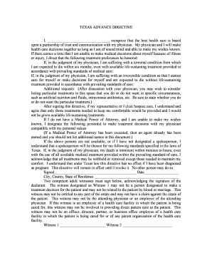 Fillable Online TEXAS ADVANCE DIRECTIVE - Texas New Mexico Hospice Fax ...