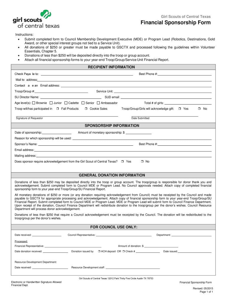 Fillable Online Girl Scouts of Central Texas Financial Sponsorship Form ...