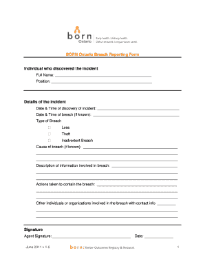 Fillable Online BORN Ontario Breach Reporting Form Individual who Fax ...