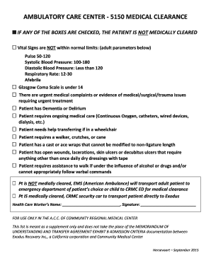 Fillable Online AMBULATORY CARE CENTER - 5150 MEDICAL CLEARANCE Fax ...
