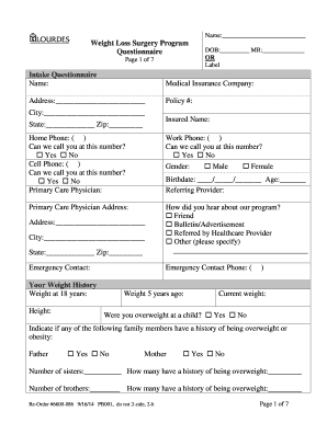 Fillable Online Name Weight Loss Surgery Program Questionnaire DOB MR ...