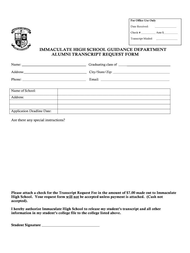 Fillable Online ALUMNI Transcript Request Form - Immaculate High School ...