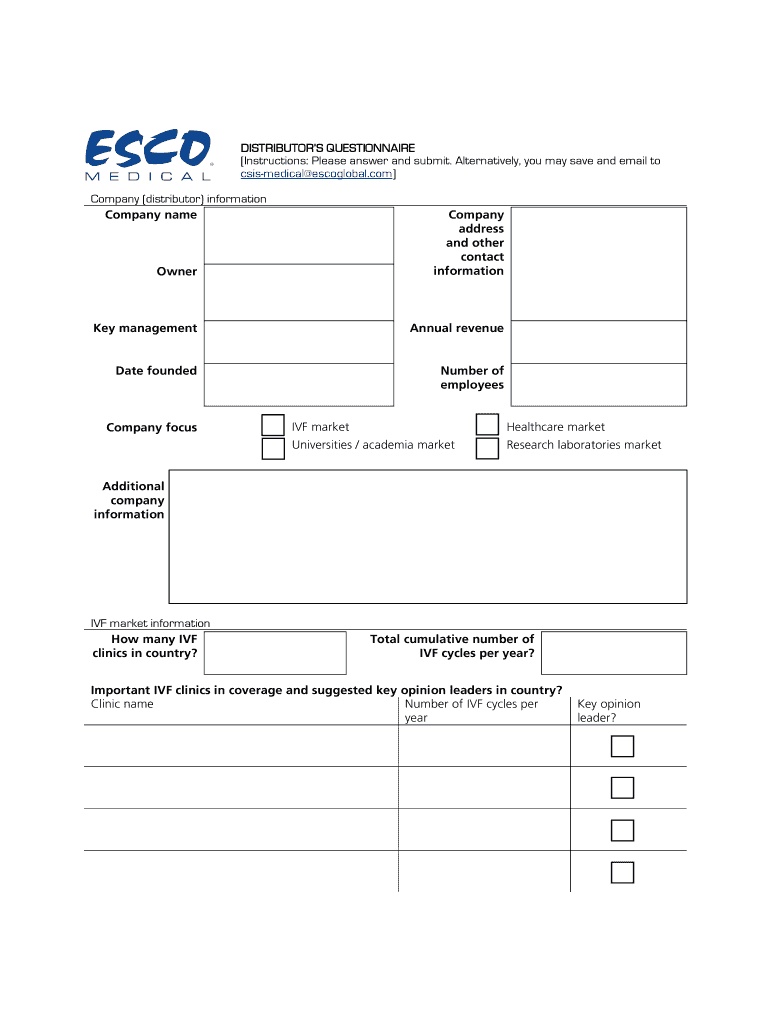 Fillable Online DISTRIBUTORS QUESTIONNAIRE - escoglobalcom Fax Email ...