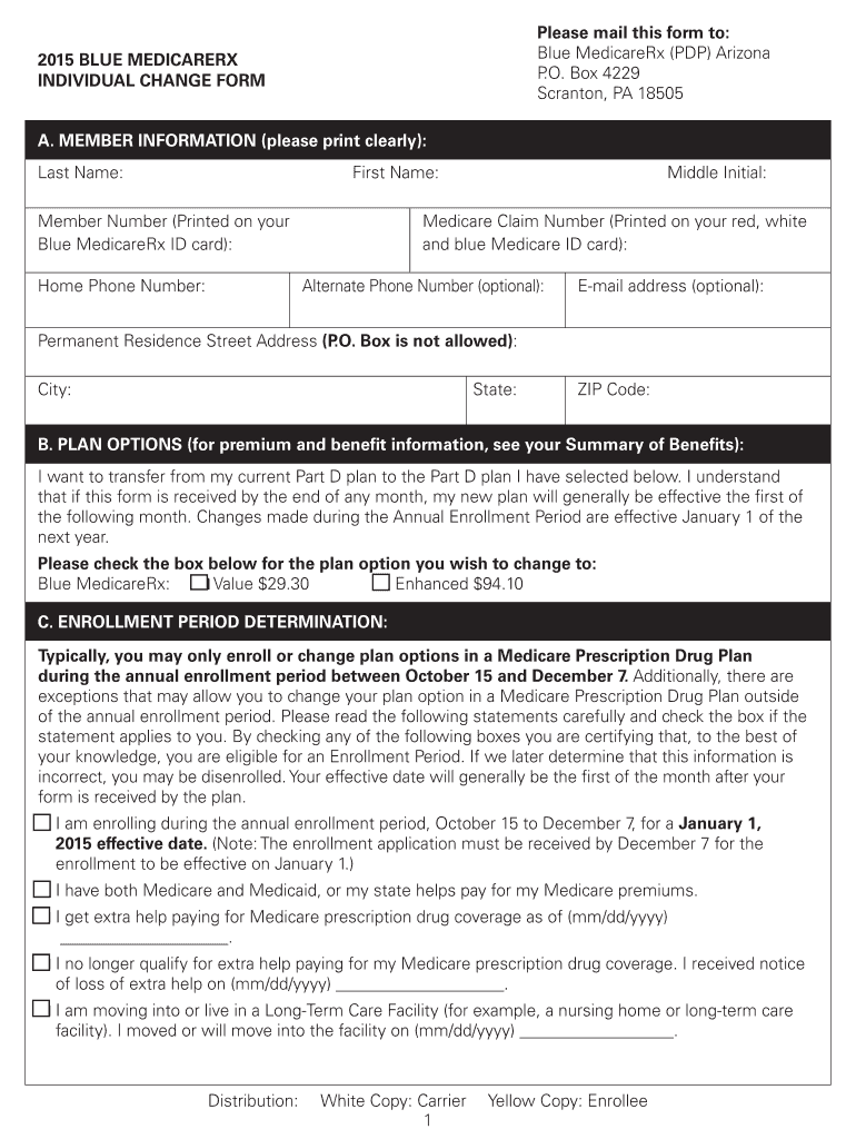 Fillable Online 2015 - Blue MedicareRx PDP Individual Change Form Fax ...