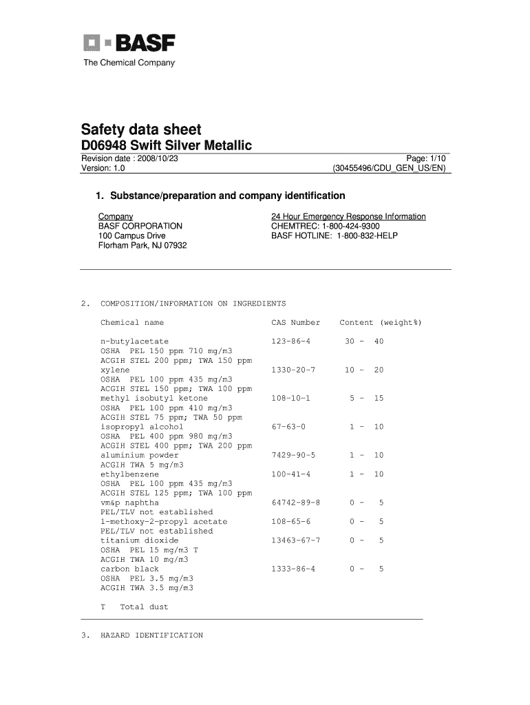 Fillable Online Safety data sheet D06948 Swift Silver Metallic Fax ...