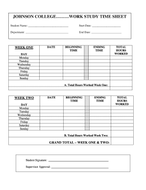 Fillable Online johnson WORK STUDY TIME SHEET - Johnson College ...