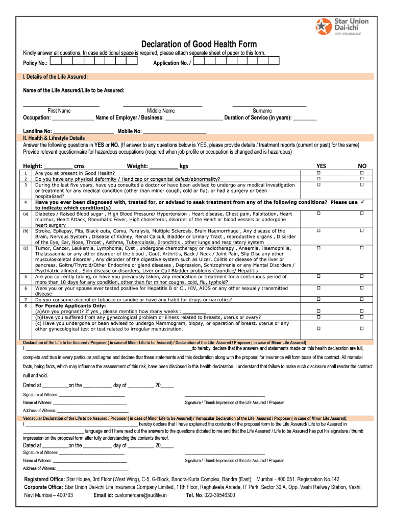 Fillable Online sudlife Declaration of Good Health Form - sudlifein Fax ...