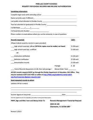 Fillable Online PINELLAS COUNTY SCHOOLS REQUEST FOR SCHOOL RECORDS AND RELEASE AUTHORIZATION ...