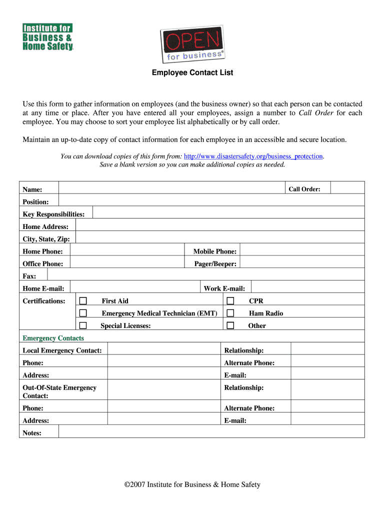 Fillable Online Employee Contact List Fax Email Print - pdfFiller