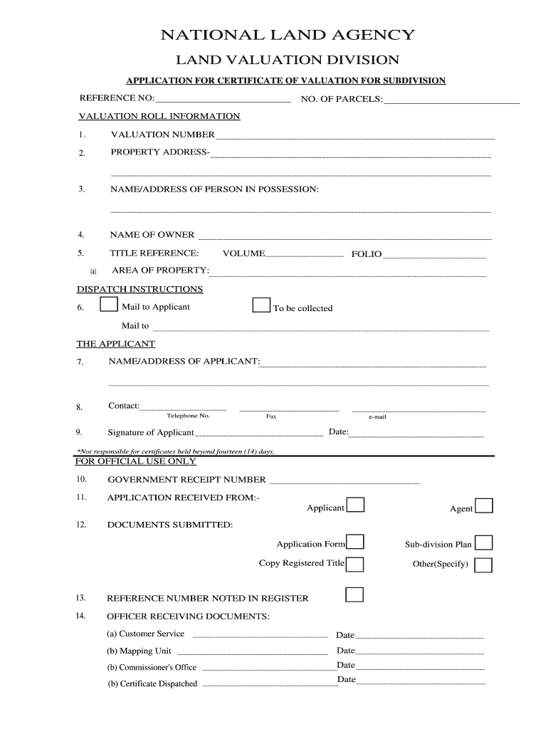 Fillable Online APPLICATION FOR CERTIFICATE OF VALUATION FOR ...