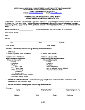 Fillable Online ADVANCED PRACTICE REGISTERED NURSE REINSTATEMENT LICENSE Fax Email Print - pdfFiller