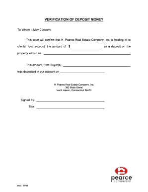 Fillable Online VERIFICATION OF DEPOSIT MONEY - Pearce Real Estate ...