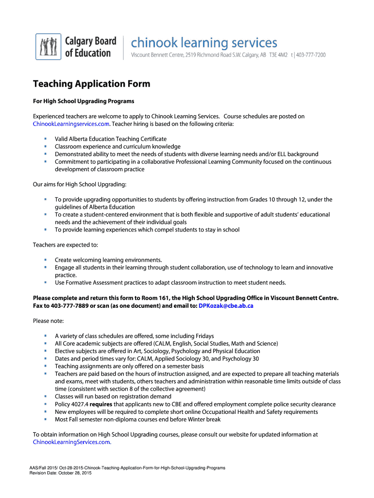 Fillable Online Teaching Application Form - Chinook Learning Services ...