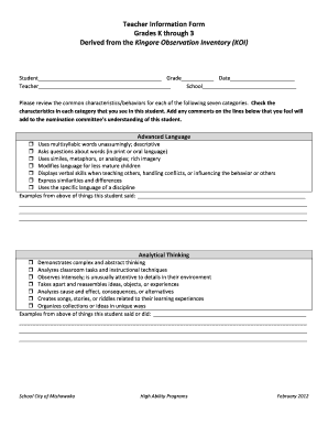 Fillable Online scm mishawaka k12 in Teacher Information Form K-3 2.9. ...