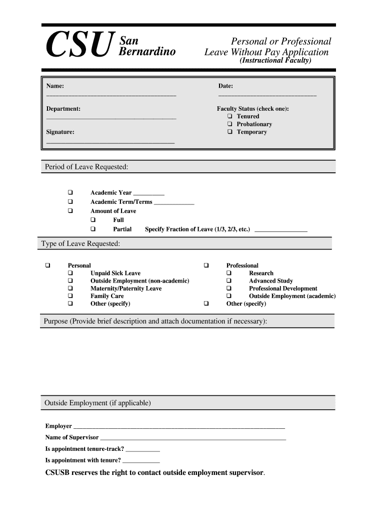 Fillable Online academicpersonnel csusb CSU San Bernardino Personal or Professional Leave ...