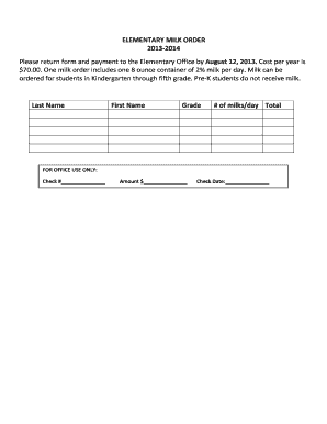 Fillable Online ELEMENTARY MILK ORDER Fax Email Print - pdfFiller