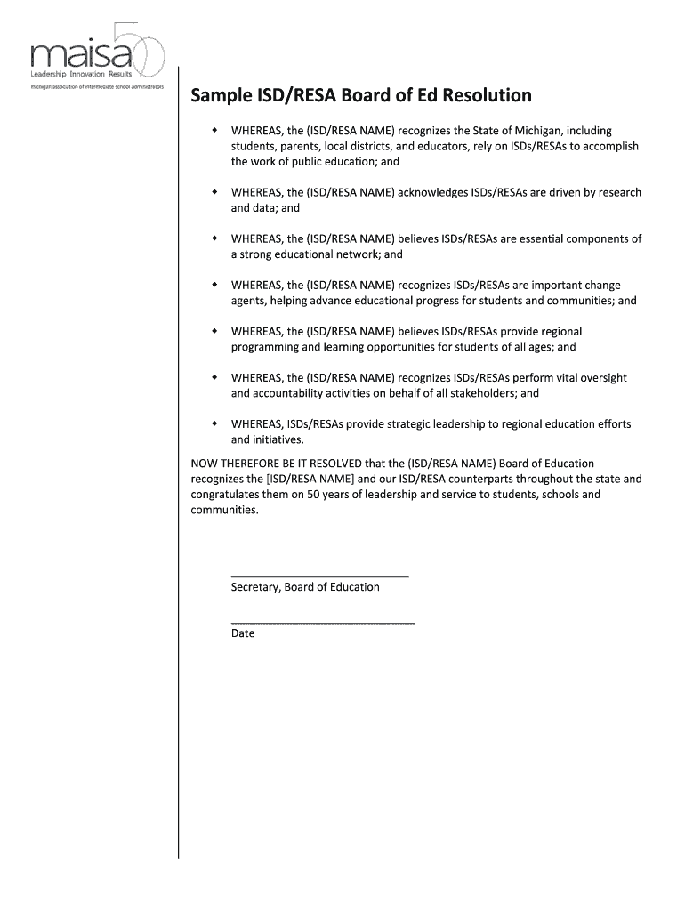 Fillable Online gomaisa ISDs Turn 50 ISD-RESA Sample Resolutiondocx ...