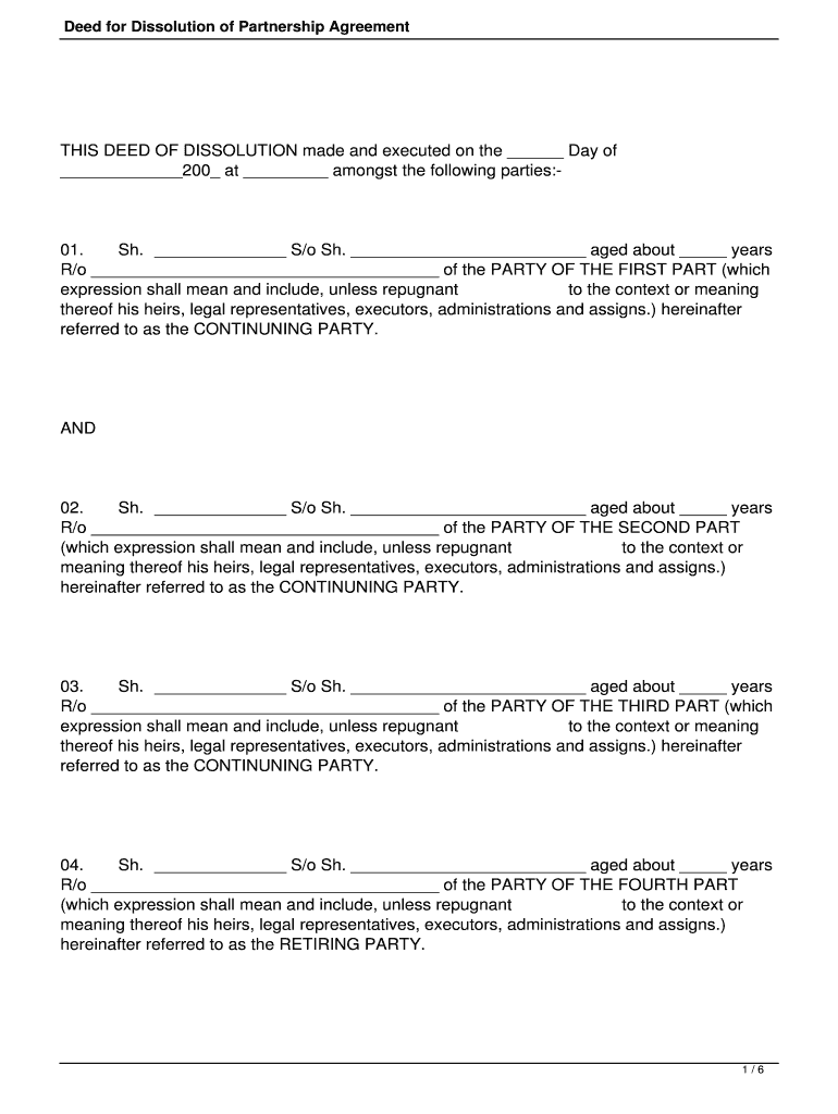 Fillable Online Deed for Dissolution of Partnership Agreement Fax Email ...