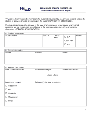 Fillable Online fernridge k12 or Physical Restraint Incident Report ...