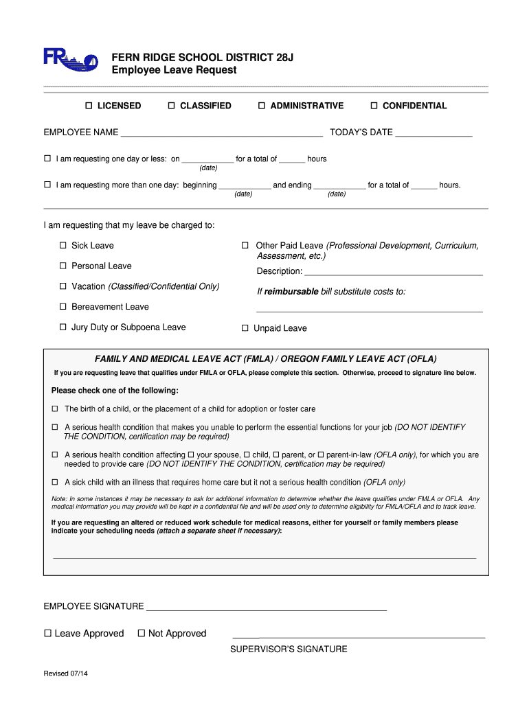 Fillable Online fernridge k12 or Employee Leave Request - Fern Ridge ...
