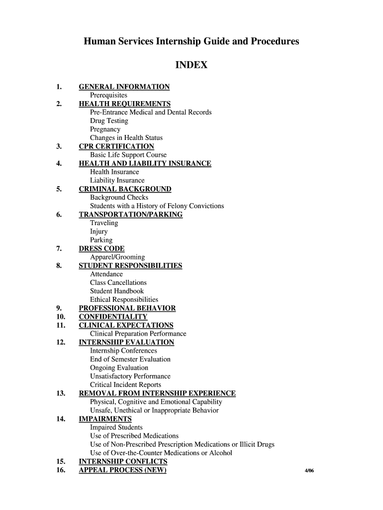 Fillable Online Human Services Internship Guide and Procedures INDEX 1 ...