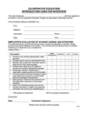 Fillable Online CO-OPERATIVE EDUCATION INTRODUCTION CARD FOR INTERVIEW ...