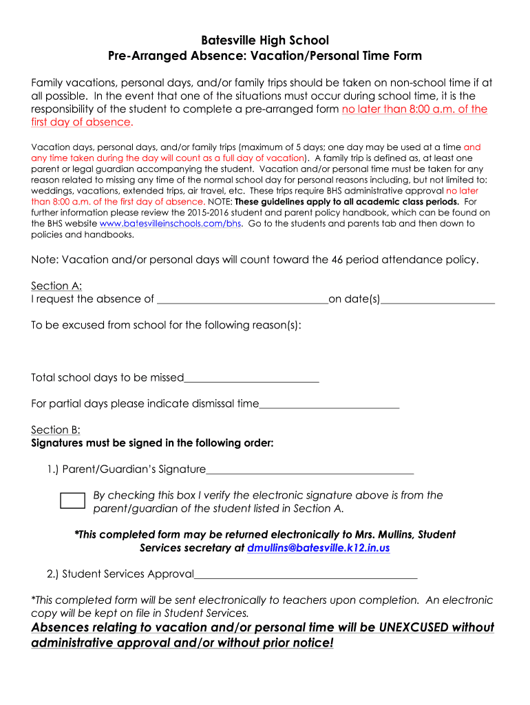 Fillable Online 2015-2016 BHS Pre-Arranged Absence Form.docx Fax Email ...
