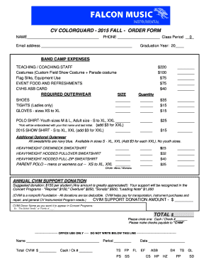 Fillable Online CV COLORGUARD - 2015 FALL - ORDER FORM Fax Email Print ...
