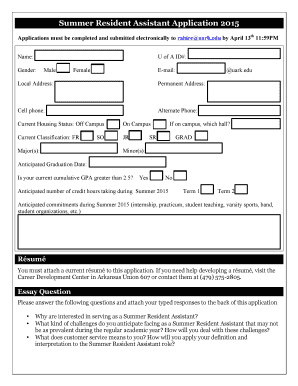 Fillable Online housing uark Summer Resident Assistant position Fax ...