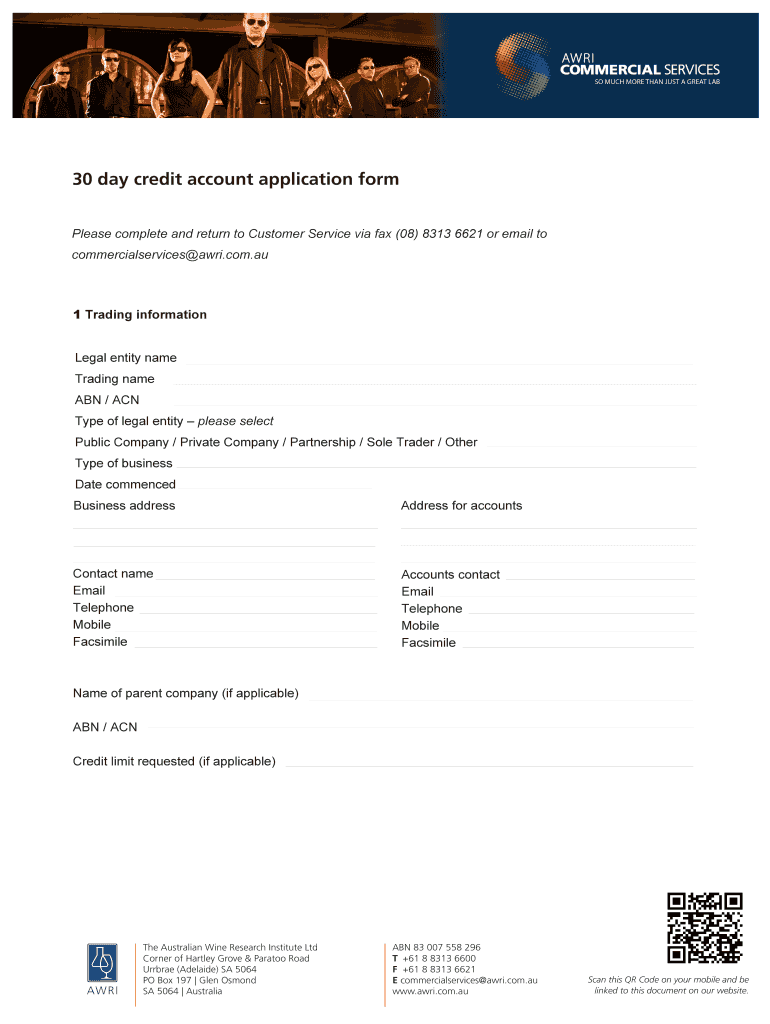 Fillable Online 30 day credit account application form - awricomau Fax ...