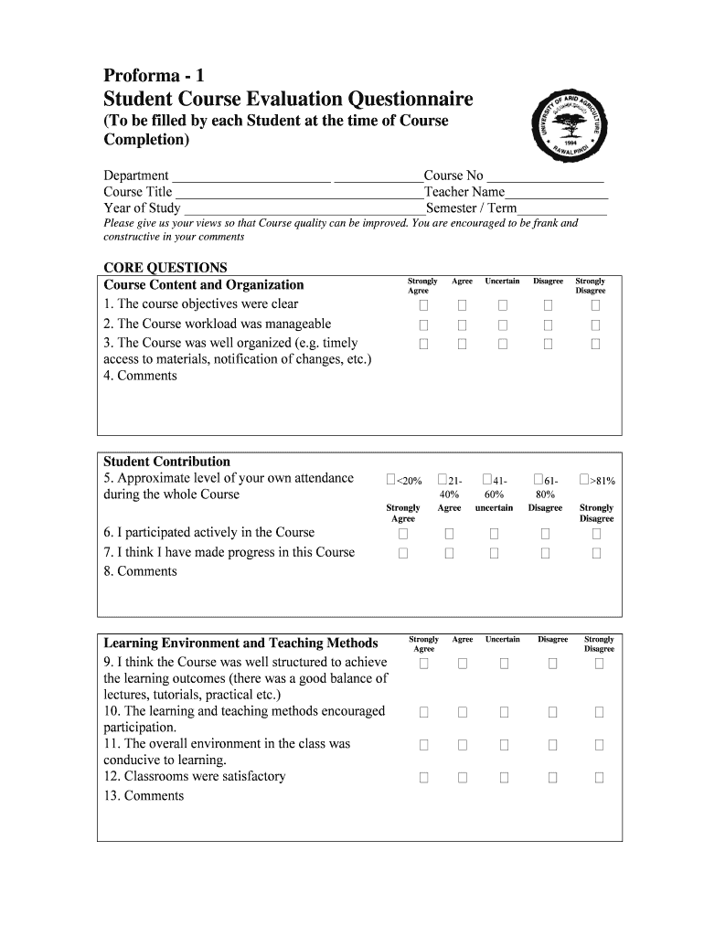 Fillable Online Student Course Evaluation Questionnaire Fax Email Print ...