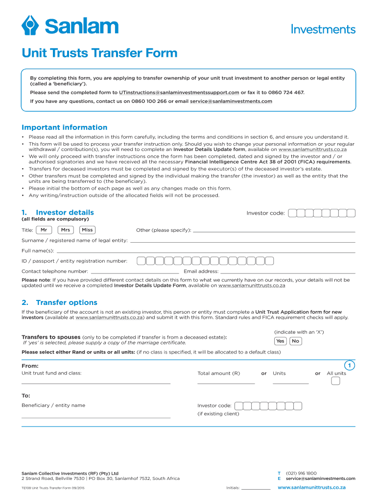 Fillable Online Unit Trusts Transfer Form - Sanlam Wealthsmiths Fax ...