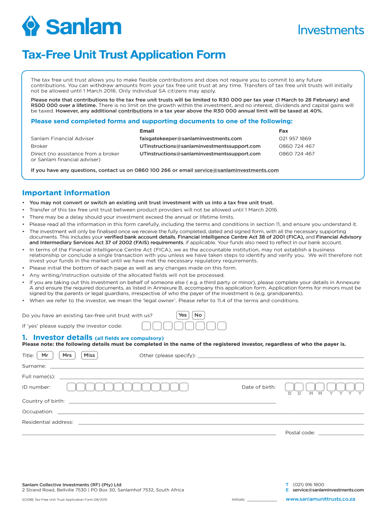 Fillable Online Tax-Free Unit Trust Application Form - Sanlam ...
