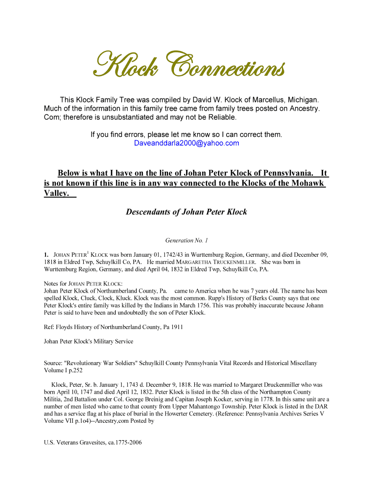 Fillable Online NotesforJOHAN PETER KLOCK Fax Email Print - pdfFiller