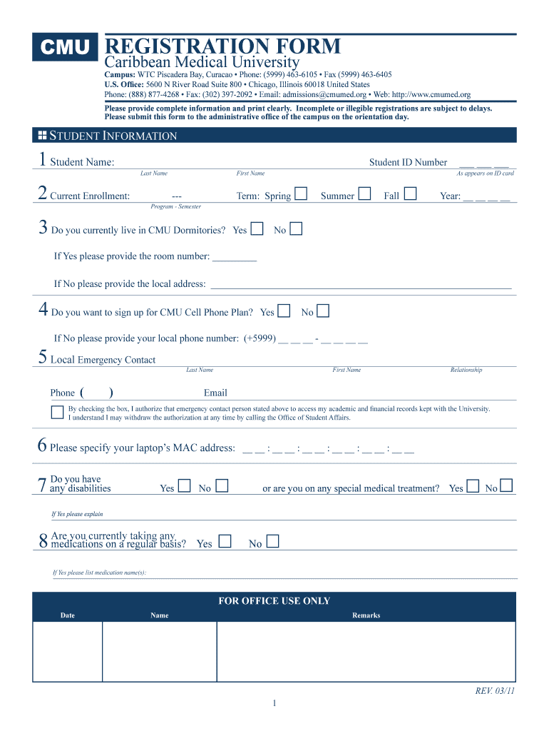 Fillable Online CMU REGISTRATION FORM Caribbean Medical University Fax ...