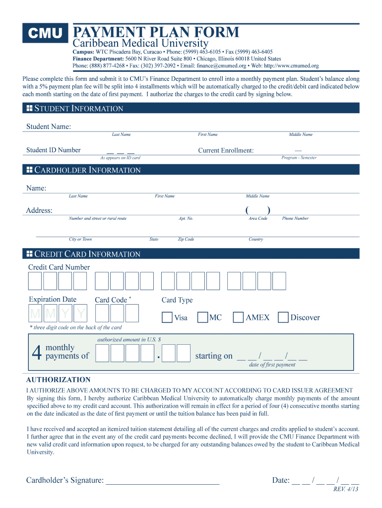 Fillable Online CMU PAYMENT PLAN FORM Caribbean Medical University Fax ...